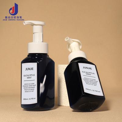 China Custom Color 260ML PET Amber Square Plastic Hair Care Hand Body Wash Soap Shower Gel Lotion Shampoo Pump Bottle for sale