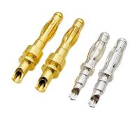 China Customized Size 4mm Male Banana Plug Connector With Gold And Threaded Shroud Guaranteed for sale