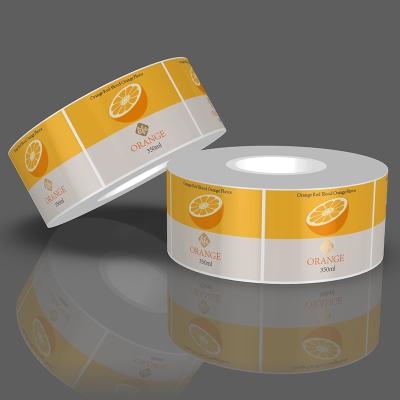 China Custom Die Cut Waterproof Orange Juice Bottle Labels Cold-Resistant Sticky Fruit Juice Drinking Logo Label Sticker Roll for sale