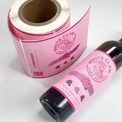 China Print Pink Color Synthetic Paper Logo Sticker Waterproof Soda Cans Juice Bottle Packaging Label Roll Custom for sale