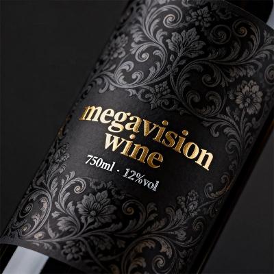 China Custom Moisture Proof Waterproof 3D Textured Paper Black Labels Sticker Embossed Logo Liquor Spirit Wine Bottle Label for sale