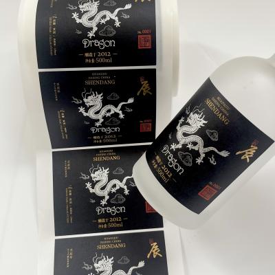 China Custom Size Black Textured Wine Private Adhesive Labels Sticker Logo Glass Bottle Vodka Liquor Packing Label Sticker for sale