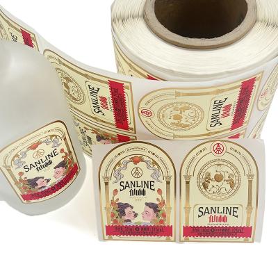 China Customized Personalized Food Drink White VInyl Label Gold Stamping Embossing Rectangle Roll Stickers for Business for sale