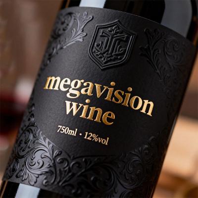 China High End Quality Spot UV Gold Logo Black Label Rolls Custom Design Offset Printing 3D Gold Embossed White Paper Wine Label for sale