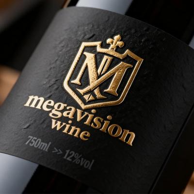 China Waterproof Wine Bottle Black Label Sticker Logo Sticker Waterproof Gold Embossed Adhesive Labels for Spirit Whisky Brandy Bottle for sale
