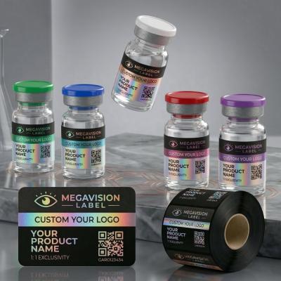China Custom logo Holographic Vinyl Sticker Labels for 5ml 10ml Vial Packaging Waterproof Adhesive Label for Lab Glass Bottle for sale