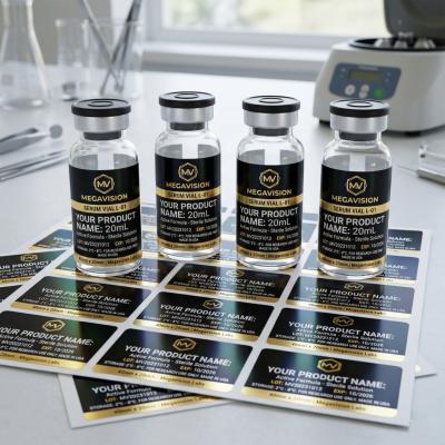 China Custom Printing Holographic Laser Black Vinyl Sticker for 3ml 5ml 10ml Vial Bottle Label for sale