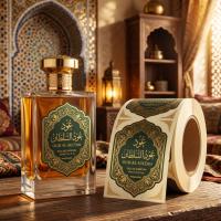 China Custom Arabic Style Perfume Labels Luxury Embossed Gold Foil Sticker for Cosmetic Glass Bottles for sale