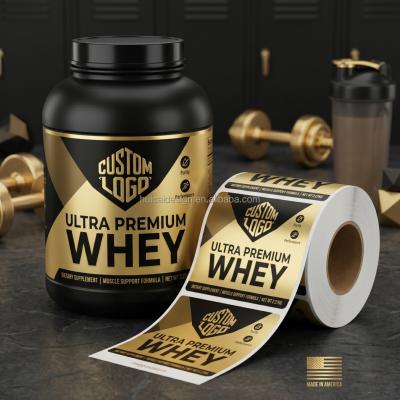 China Gold Foil Protein Powder Container Plastic Bottle Labels with Custom Logo Waterproof Adhesive Stickers for sale