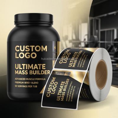 China Custom Gold Foil Protein Powder Labels Waterproof Bottle Stickers for Sports Nutrition Supplement Packaging for sale