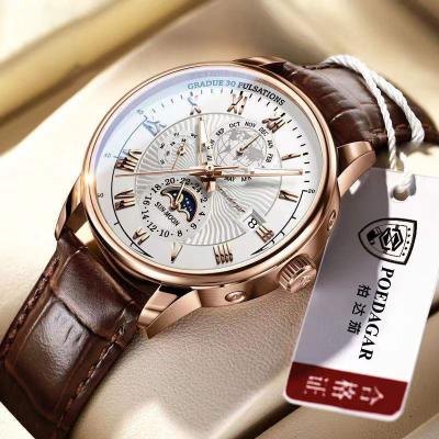 China Leather Band Moon Phase Watch with Quartz Movement Technology for sale