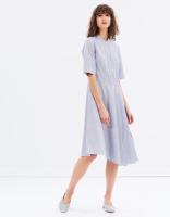 China Woman Dress Summer 2018 Apparel Short Sleeve Woven Striped Midi Dress Wholesale for sale