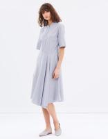China Woman Dress Summer 2018 Apparel Short Sleeve Woven Striped Midi Dress Wholesale for sale