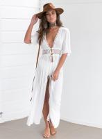 China Wholesale Solid Color White Deep V Neck Half Sleeve Beach Cover Up Sexy Maxi Dress Beach Tunic With Slit for sale