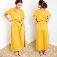 China Paloma Mustard Short Sleeve Button Down Slit Maxi Linen Dress for sale