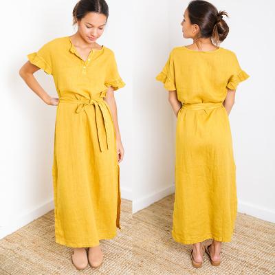 China Paloma Mustard Short Sleeve Button Down Slit Maxi Linen Dress for sale