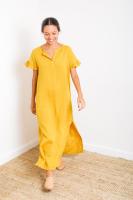 China Paloma Mustard Short Sleeve Button Down Slit Maxi Linen Dress for sale