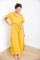 China Paloma Mustard Short Sleeve Button Down Slit Maxi Linen Dress for sale