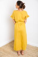 China Paloma Mustard Short Sleeve Button Down Slit Maxi Linen Dress for sale