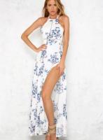 China Bohemian Halter Backless Sleeveless Floral Printed Slit Maxi Long Dress for Woman for sale