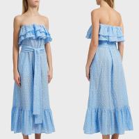 China Women Blue Cotton Off Shoulder Floral Embroidery Ruffle Dress Women for sale