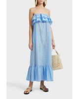 China Women Blue Cotton Off Shoulder Floral Embroidery Ruffle Dress Women for sale