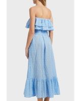 China Women Blue Cotton Off Shoulder Floral Embroidery Ruffle Dress Women for sale