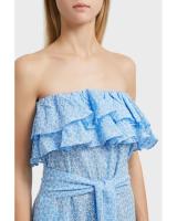 China Women Blue Cotton Off Shoulder Floral Embroidery Ruffle Dress Women for sale