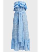 China Women Blue Cotton Off Shoulder Floral Embroidery Ruffle Dress Women for sale