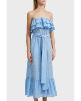 China Women Blue Cotton Off Shoulder Floral Embroidery Ruffle Dress Women for sale
