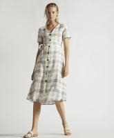 China Summer Clothing Women V Neck Midi Checked Linen Dress for sale