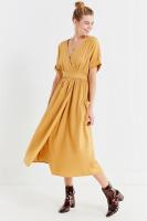 China Latest Gold Linen Maxi Long Wrap V-neck Woman Dress with Pockets for sale