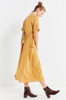 China Latest Gold Linen Maxi Long Wrap V-neck Woman Dress with Pockets for sale