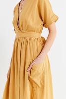 China Latest Gold Linen Maxi Long Wrap V-neck Woman Dress with Pockets for sale