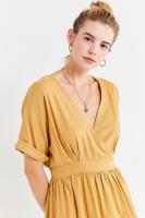 China Latest Gold Linen Maxi Long Wrap V-neck Woman Dress with Pockets for sale