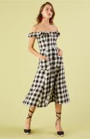 China Black and white checked off shoulder dress for sale