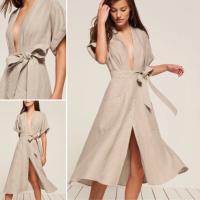 China Bohemian Clothing Women Kimono Style V neck Maxi Linen Dress for sale