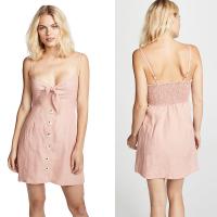 China Summer Casual Tie at Front With Smocked Bodice Mini Boho Dresses 100% Linen Clothing for sale