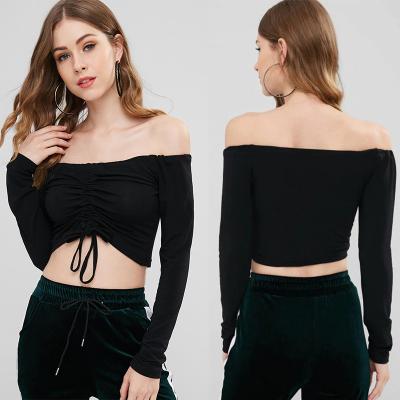 China Women Off Shoulder And Long Sleeve Drawstring Front Crop T-shirt for sale