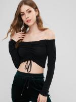 China Women Off Shoulder And Long Sleeve Drawstring Front Crop T-shirt for sale