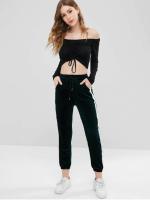 China Women Off Shoulder And Long Sleeve Drawstring Front Crop T-shirt for sale