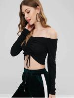 China Women Off Shoulder And Long Sleeve Drawstring Front Crop T-shirt for sale