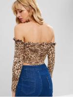 China Women Frill Leopard Off Shoulder Crop T-shirt for sale