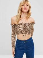 China Women Frill Leopard Off Shoulder Crop T-shirt for sale