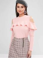 China Cheap Wholesale Ruffle Clothing Long Sleeve Cold Shoulder T Shirt Tops for sale