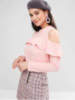 China Cheap Wholesale Ruffle Clothing Long Sleeve Cold Shoulder T Shirt Tops for sale
