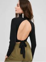 China Blank Open Back Long Sleeve Ribbed Turtleneck Crop Top for sale