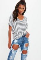 China White and Navy Striped V Neck Boyfriend Clothing T Shirt Women for sale