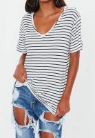 China White and Navy Striped V Neck Boyfriend Clothing T Shirt Women for sale