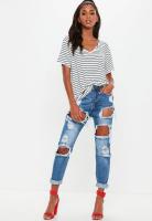 China White and Navy Striped V Neck Boyfriend Clothing T Shirt Women for sale
